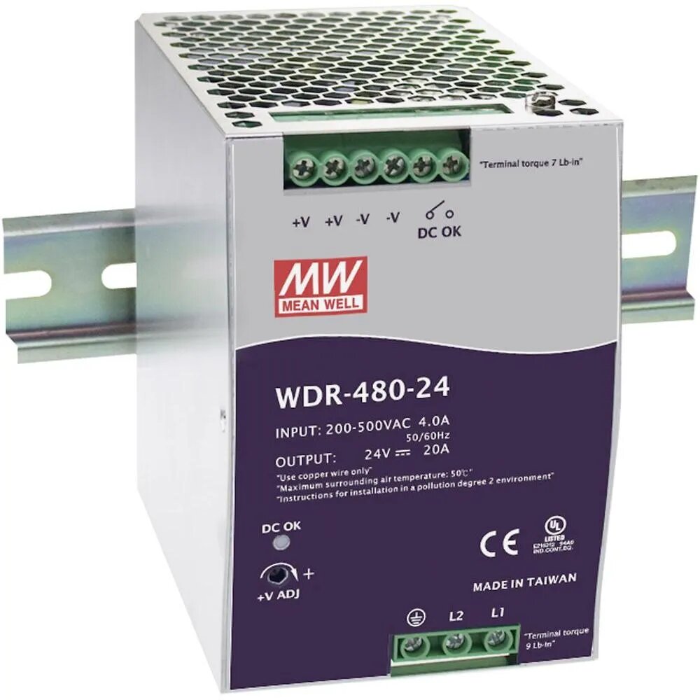 Источник питания AC-DC 480 Вт (24-28 В, 20 А) Mean Well WDR-480-24, на DIN-рейку, широкий входной диапазон