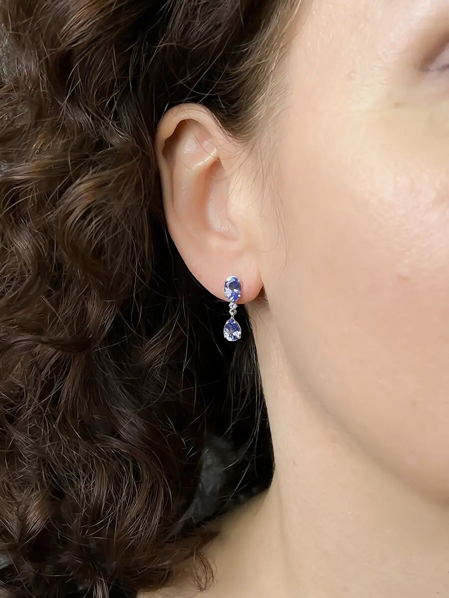 Серьги пусеты, белое золото, 375 проба, родирование, танзанит