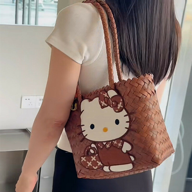 Корзина - Мешок из ротанга для организации и хранения вещей Вышивка Hello Kitty