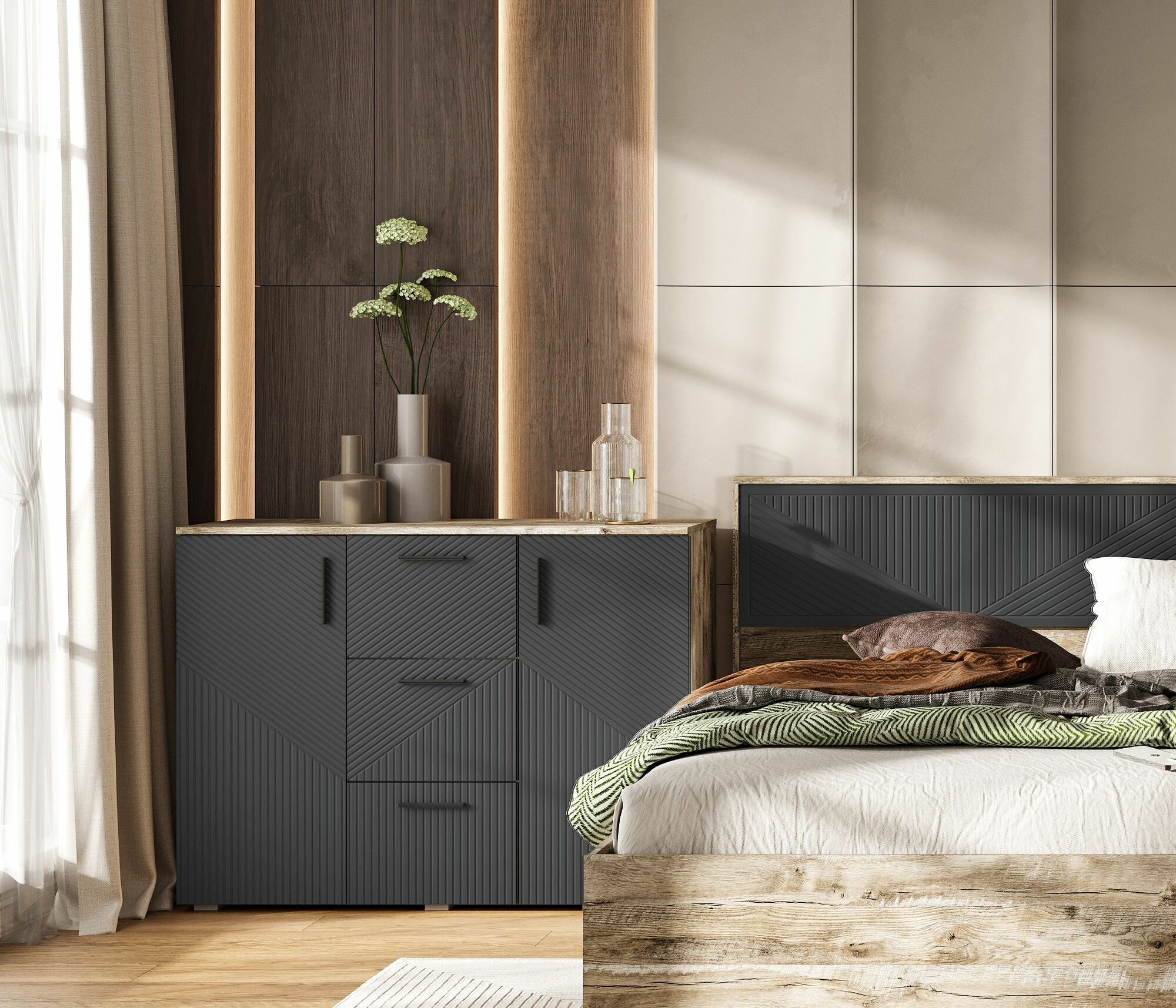 Сильвия Комод 3 ящика 2 двери 1200 мм Браш Графит, Дуб Юкон