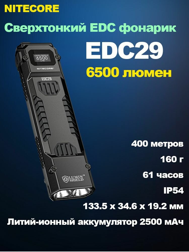 NITECORE EDC29, Высокопроизводительный ультратонкий EDC фонарик, 6500 люмен
