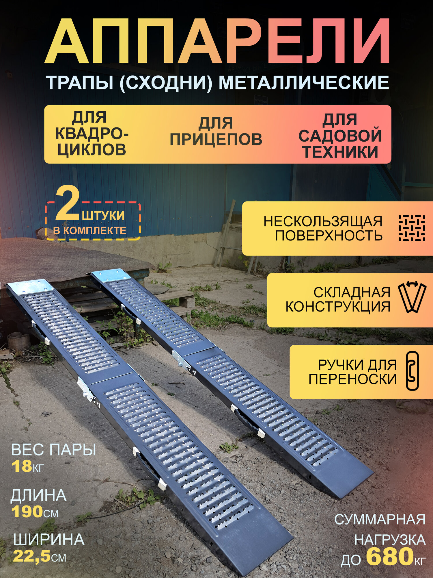 Трап/сходни/аппарели для квадроциклов/прицепов/садовой техники, металлические, длина 190 см, 2 шт.
