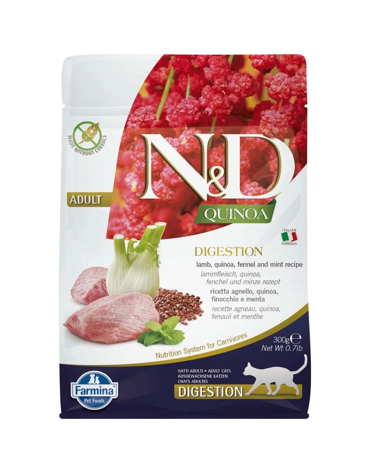 Сухой корм Farmina ND Cat GF Quinoa Digestion Lamb для взрослых кошек с ягненком, ЖКТ, 300г