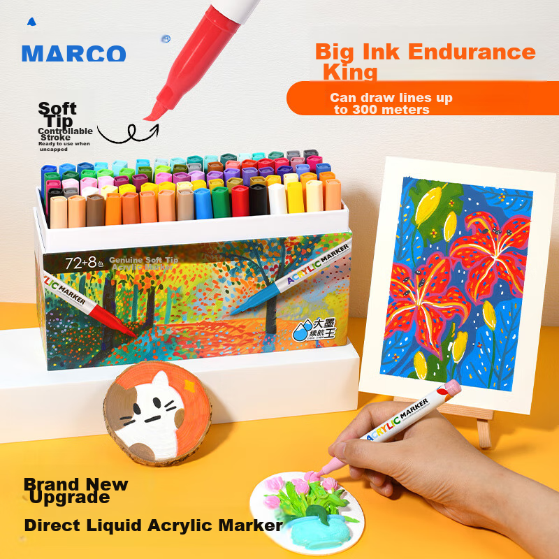 MARCO Direct Liquid Soft Tip Acrylic Markers, 80 Colors, Children's Back-To Gift Box Set, Professional Stackable Watercolor Pens, Fluorescent Highlighters, Paint Brushes