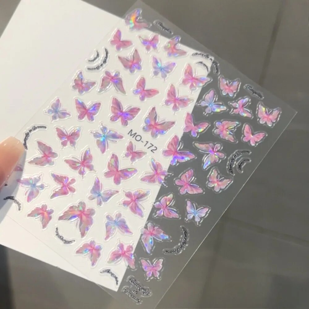 1 лист, розовый, фиолетовый, Аврора, бабочка, наклейка для ногтей, 3D лазерная сказочная бабочка, самоклеящаяся наклейка, слайдер для маникюра, подарок, оптовая продажа