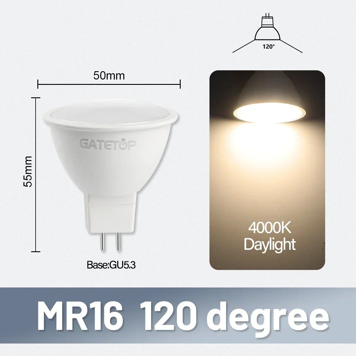 Светодиодная лампа MR16 Gu5.3 Gatetop 12 шт. 120 degrees 4000K, AC220-240V, 8W