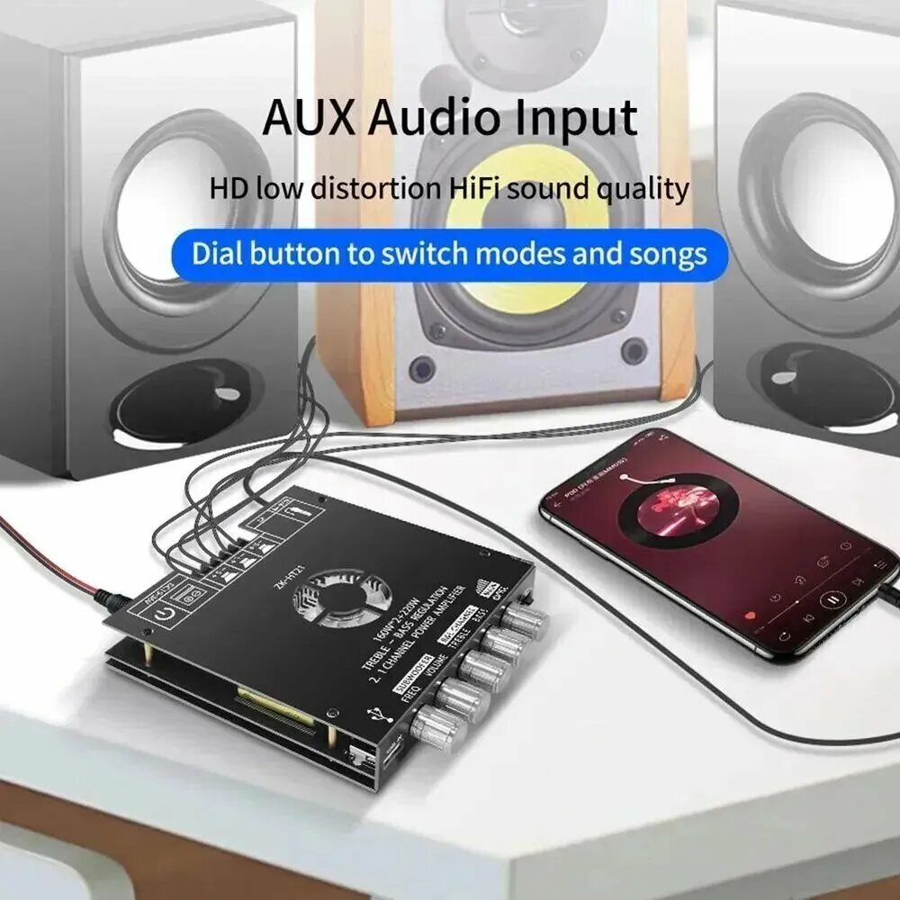 Модуль цифрового усилителя мощности Bluetooth ZK-HT21, 2,1 канала, TDA7498E с интенсивными высокими и низкими тонами, около 145*126*28 мм