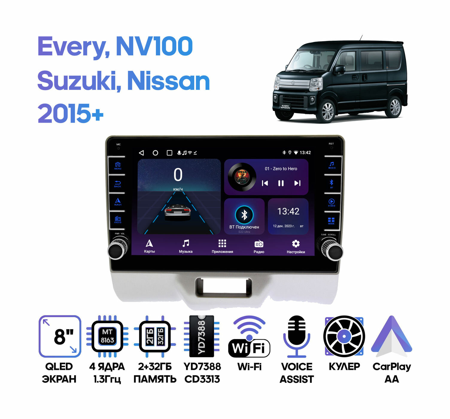 Магнитола Suzuki Every 2015+ / 8 дюймов, 2/64GB, 4 ядра, Wi-Fi, Android 9 / Wide Media