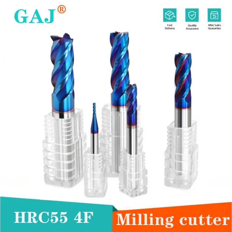 HRC65 4-флейтовая фреза с ЧПУ, карбид стали вольфрама, синее нанопокрытие, плоская концевая фреза для станков, концевые фрезы, инструменты 4.0x10Cx4Dx50L