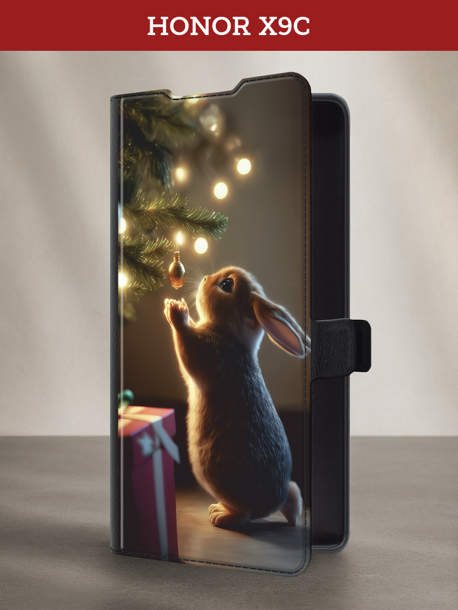 Чехол-книжка на Honor X9C/Honor X60 Pro / Хонор Х9С/Хонор Х60 Про с принтом Кролик у ёлочки, черный