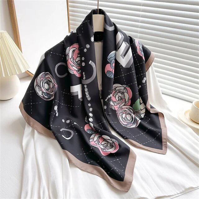 Новые цветочные дизайнерские шарфы, саржевый шелковый большой квадратный шарф, женский дорожный платок, платок 90 см, роскошный брендовый платок Bufandas