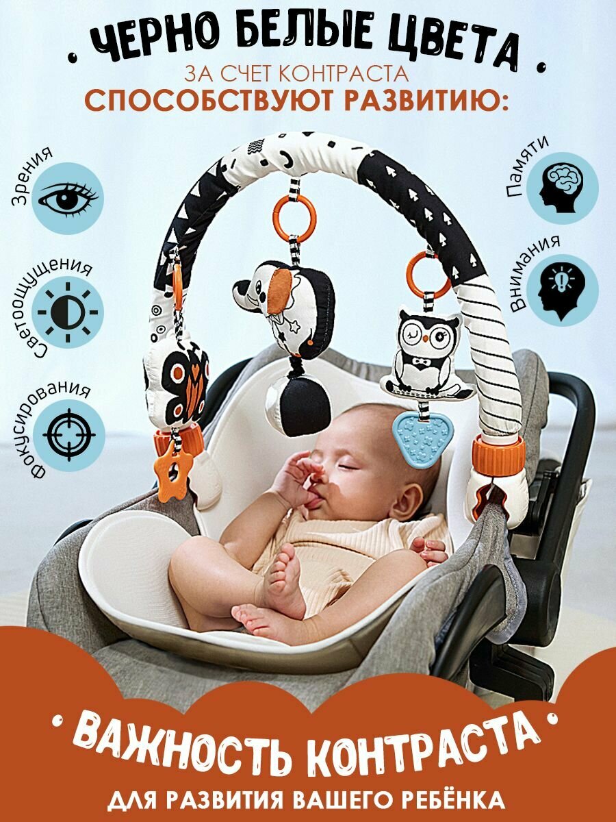 Развивающая дуга с игрушками. Игрушки для новорожденных от 0. Cпираль растяжка на кроватку и коляску. Погремушка для новорожденного