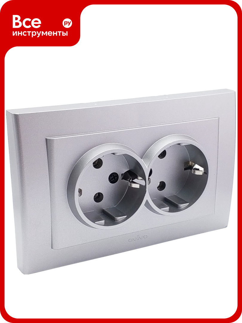 2-местная розетка OVIVO с заземлением MINA, серебро, 401-100300-907, встроенный силовой, ABS‑пластик, защита
