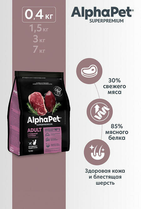 ALPHAPET SUPERPREMIUM 400 гр сухой корм для взрослых домашних кошек и котов с говядиной и печенью