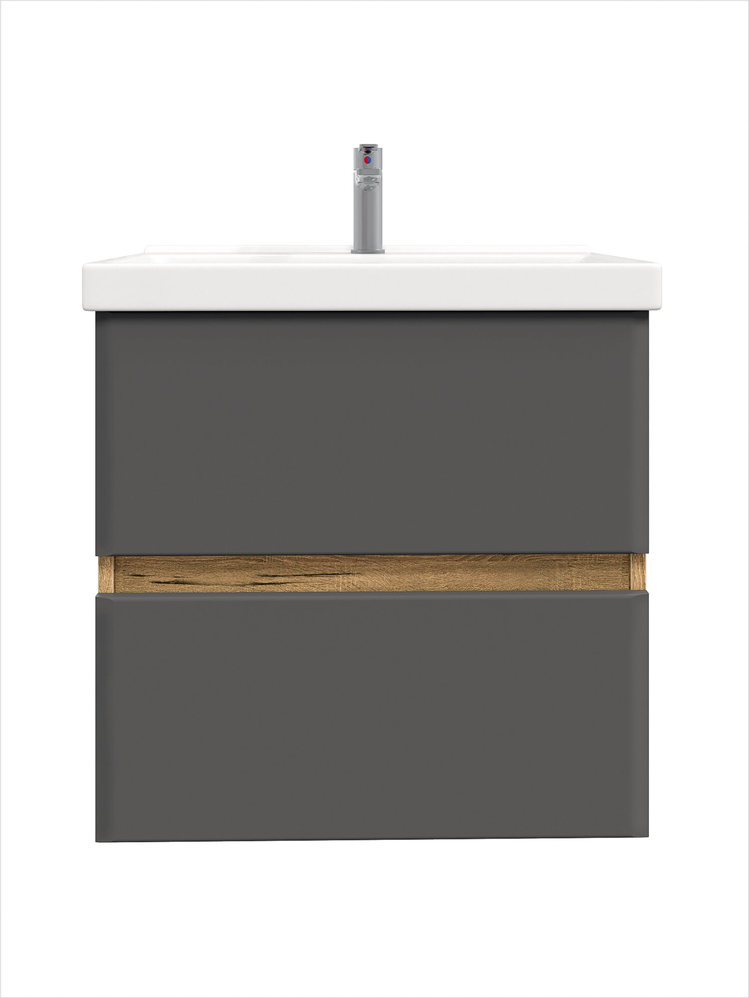Тумба подвесная Vannika Kanna 50 с раковиной Фест 50 для ванной комнаты, дуб вотан, графит софт