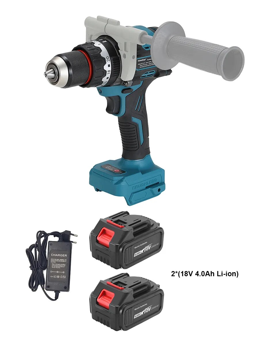 Дрель-шуруповёрт Heimerdinger LB180 18V, бесщёточный, с гироскопом, 160 Нм, 3-в-1: сверление, удар, долбление ,2х4.0 Ач Li-Ion, без рукоятки