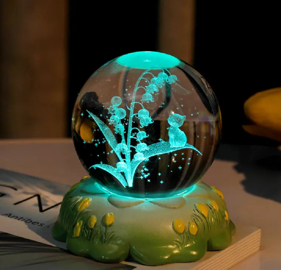 Ночник "Хрустальный шар Котёнок с ландышем", настольный, LED, меняет цвет подсветки