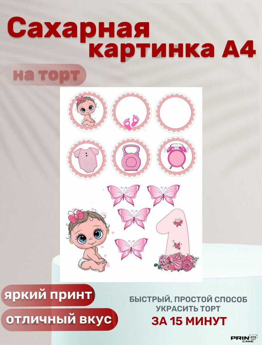 Сахарная картинка для торта на 1 годик Девочке . Декор для выпечки, украшения для торта ребенку.