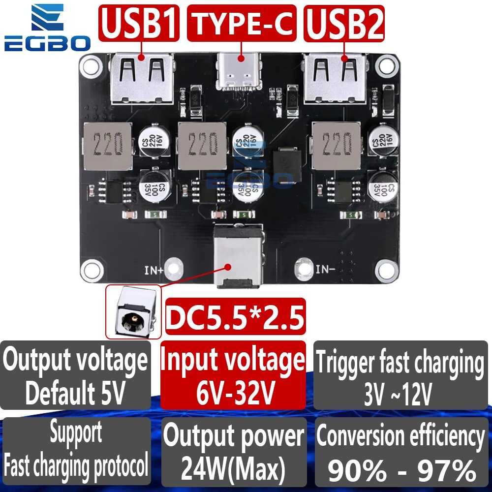Модуль зарядки EGBO QC2.0/3.0, 3-Way 1PC