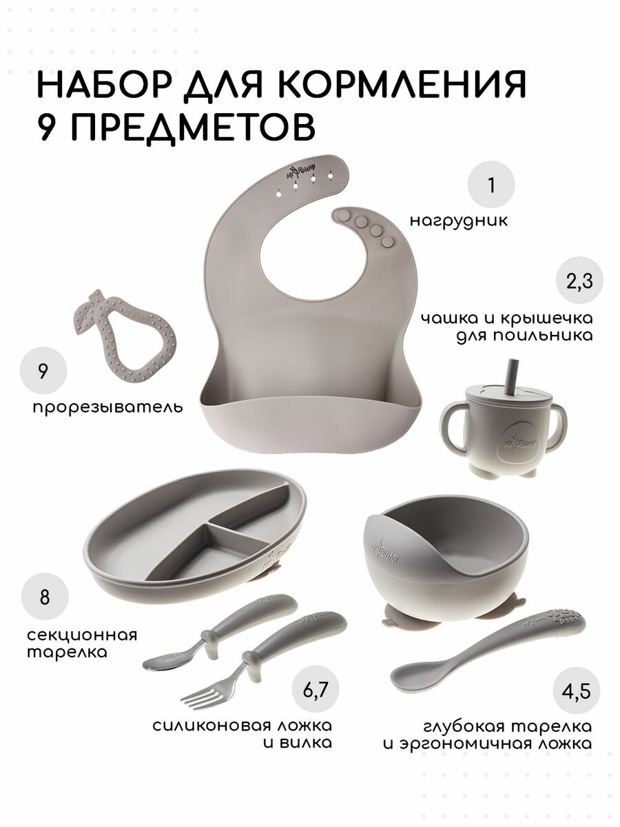 Набор детской посуды для кормления Miyoumi, силиконовый, 9 предметов
