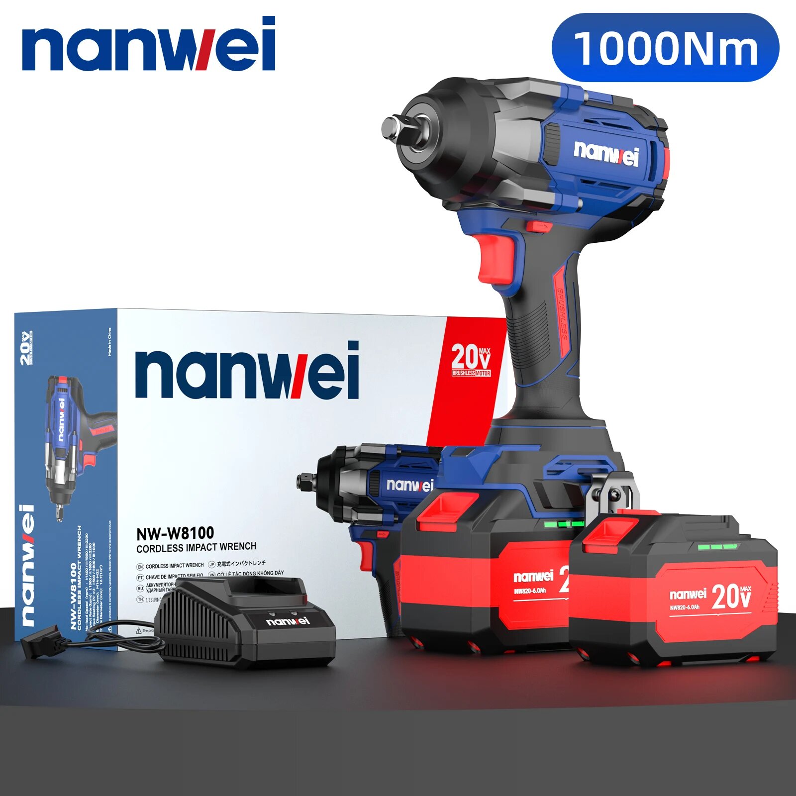 Электрический ударный гайковерт NANWEI 20В 1000 Нм 6.0AH 2 batteries
