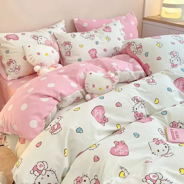 Комплект постельного белья Sanrio Hello Kitty из четырех предметов, симпатичные простыни из чистого хлопка и пододеяльник