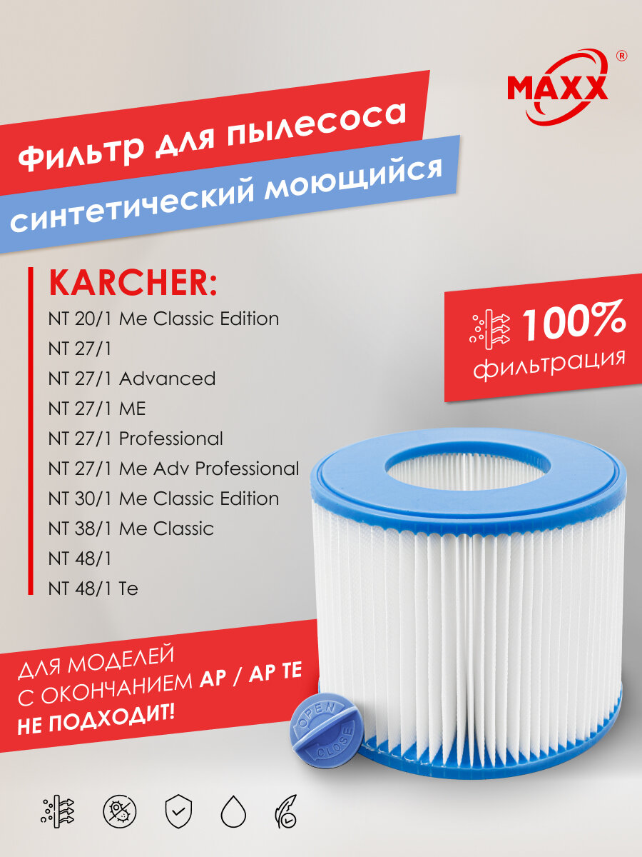 Фильтр PRO синтетический, моющийся для пылесоса Karcher NT 20/1 Me Classic Edition, NT 27/1, NT 30/1 Me Classic Edition, NT 38/1 Me Classic, NT 48/1