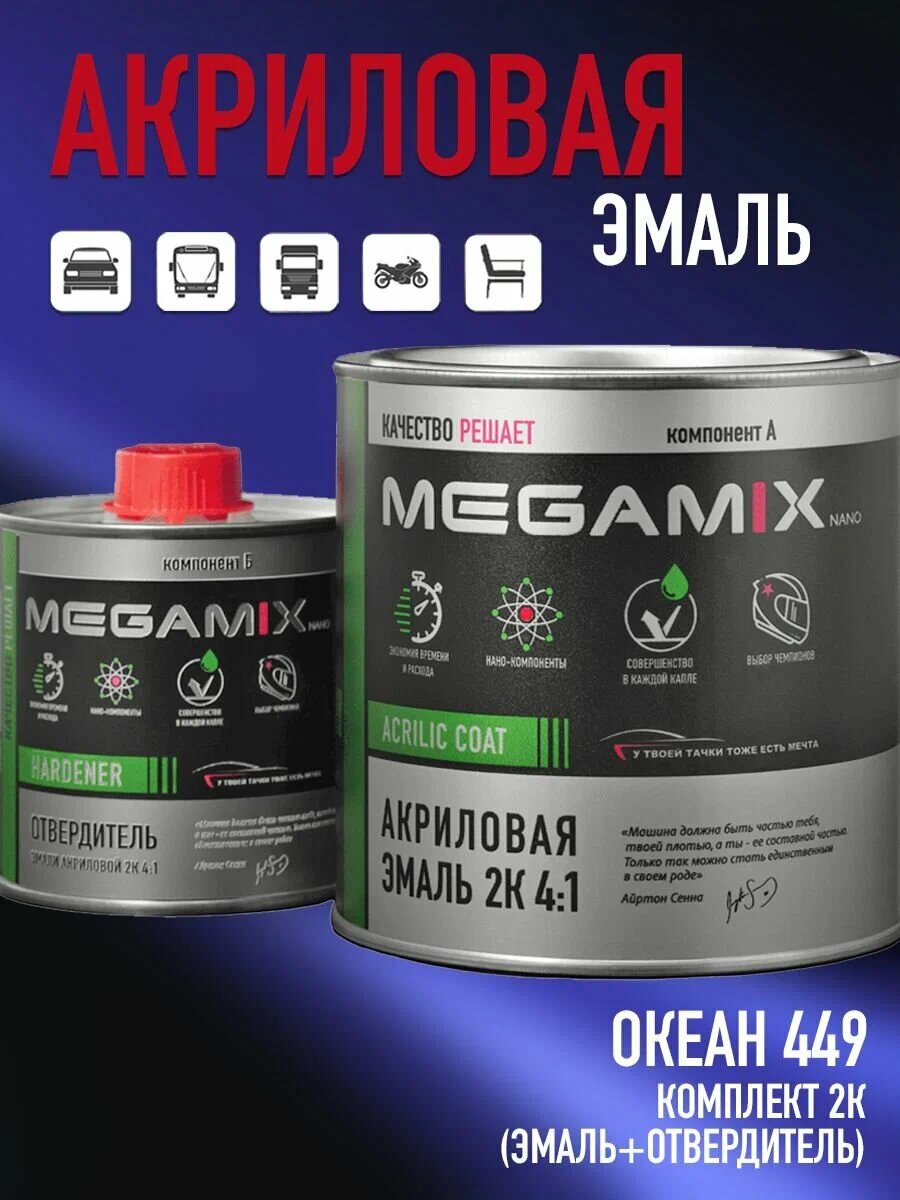 Акриловая краска автомобильная 2К 4:1 449 Океан, Комплект (эмаль 840 мл и отвердитель 210 мл), MEGAMIX