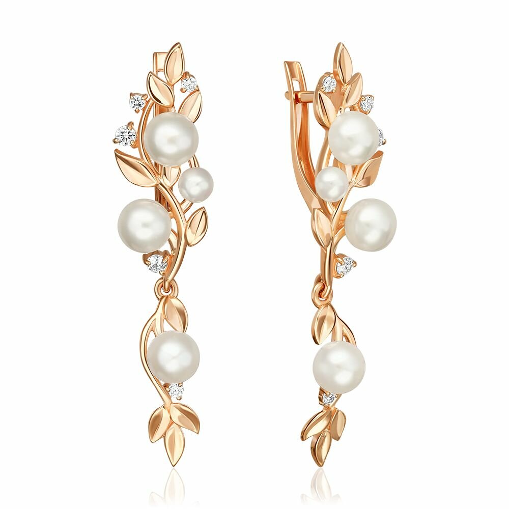 Серьги, красное золото, 585 проба, жемчуг культивированный, фианит