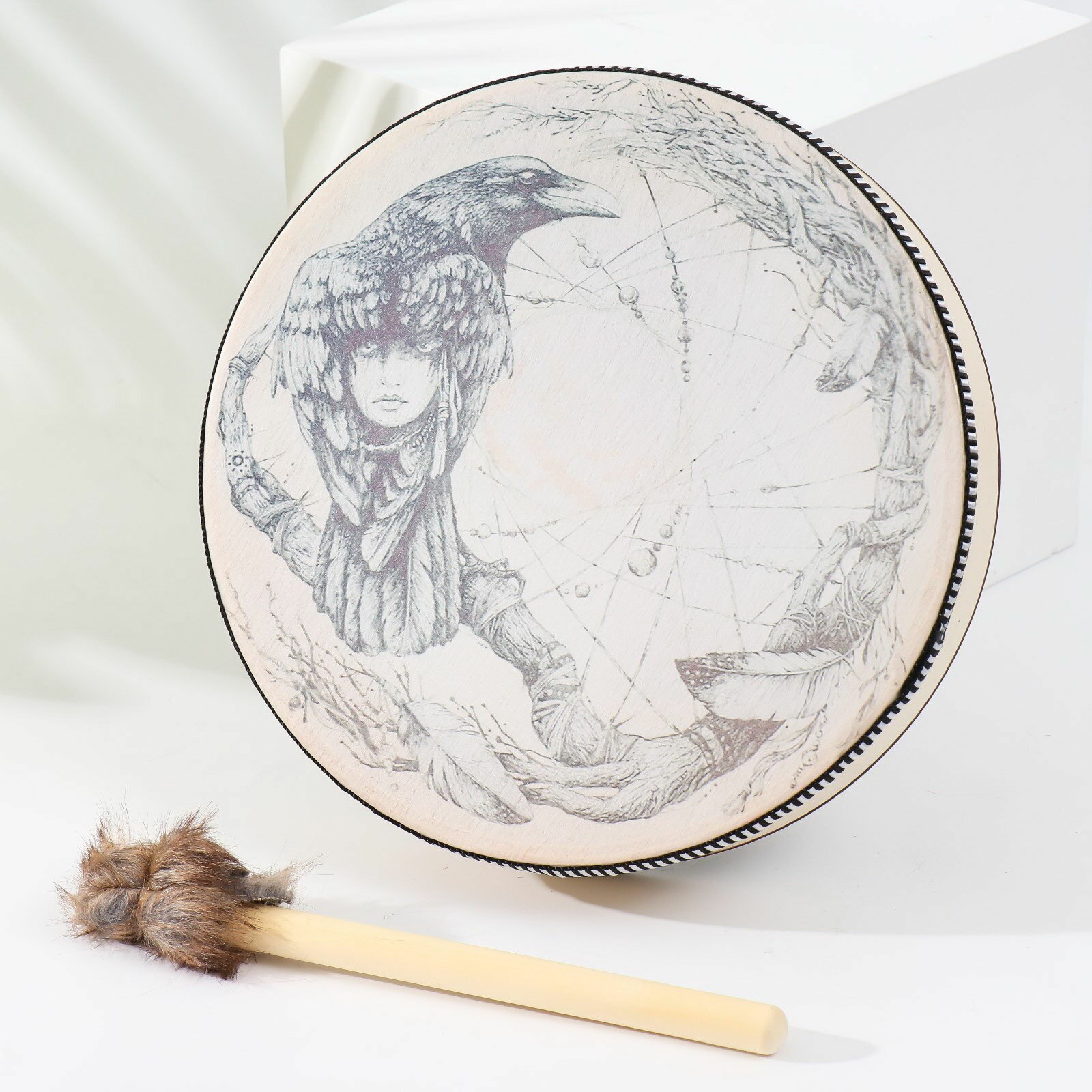 Шаманский бубен "Ворон", музыкальный инструмент, с колотушкой, 5x25x25 см