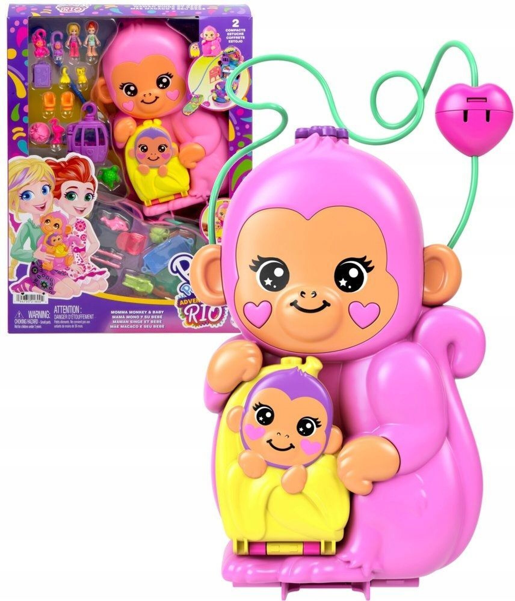 Игровой набор Mattel Polly Pocket HWP04, 2 куклы, аксессуары, сумка-обезьянка, 10 см