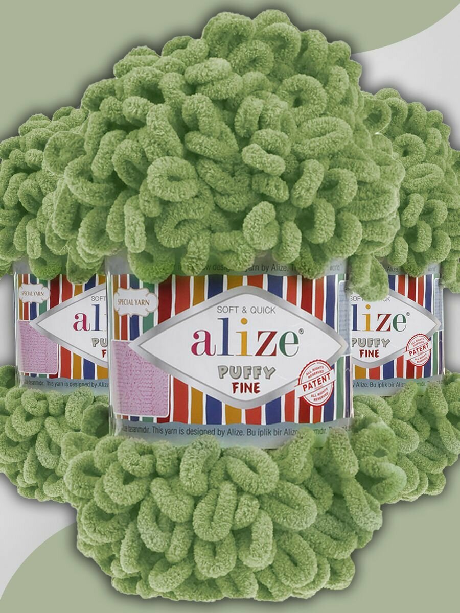 Пряжа для вязания Alize Puffy Fine цвет 485 зеленая черепаха, 100 г / 14 м, 3 мотка