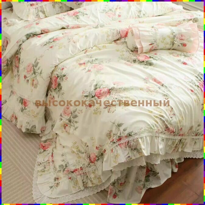 Покрывало из 100% хлопка с кружевным цветочным принтом, 200x230 см уютное и стильное дополнение к постельному белью