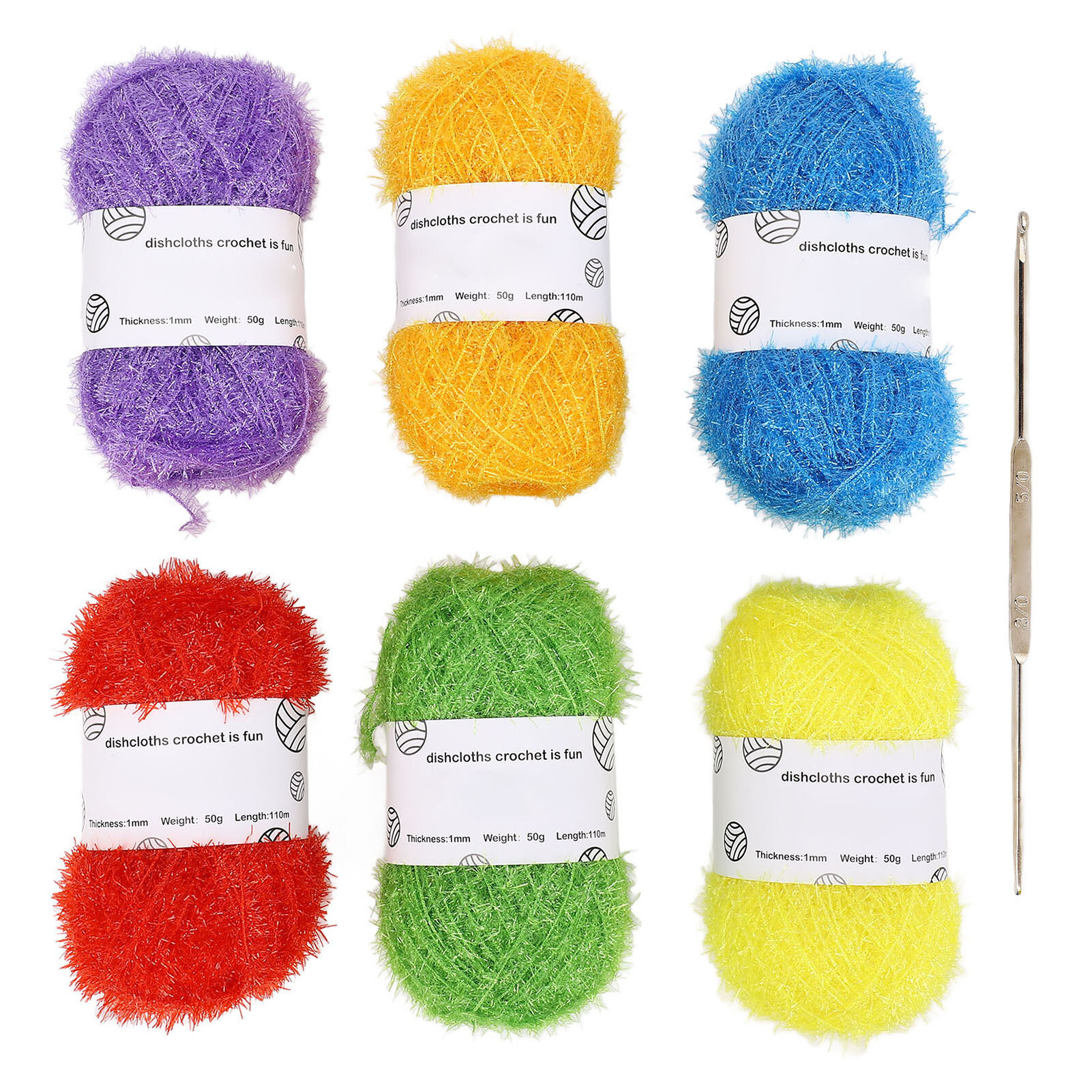 6 шт. блестящая пряжа, разноцветная мягкая хлопковая блестящая пряжа с крючком из нержавеющей стали для вязания и рукоделия