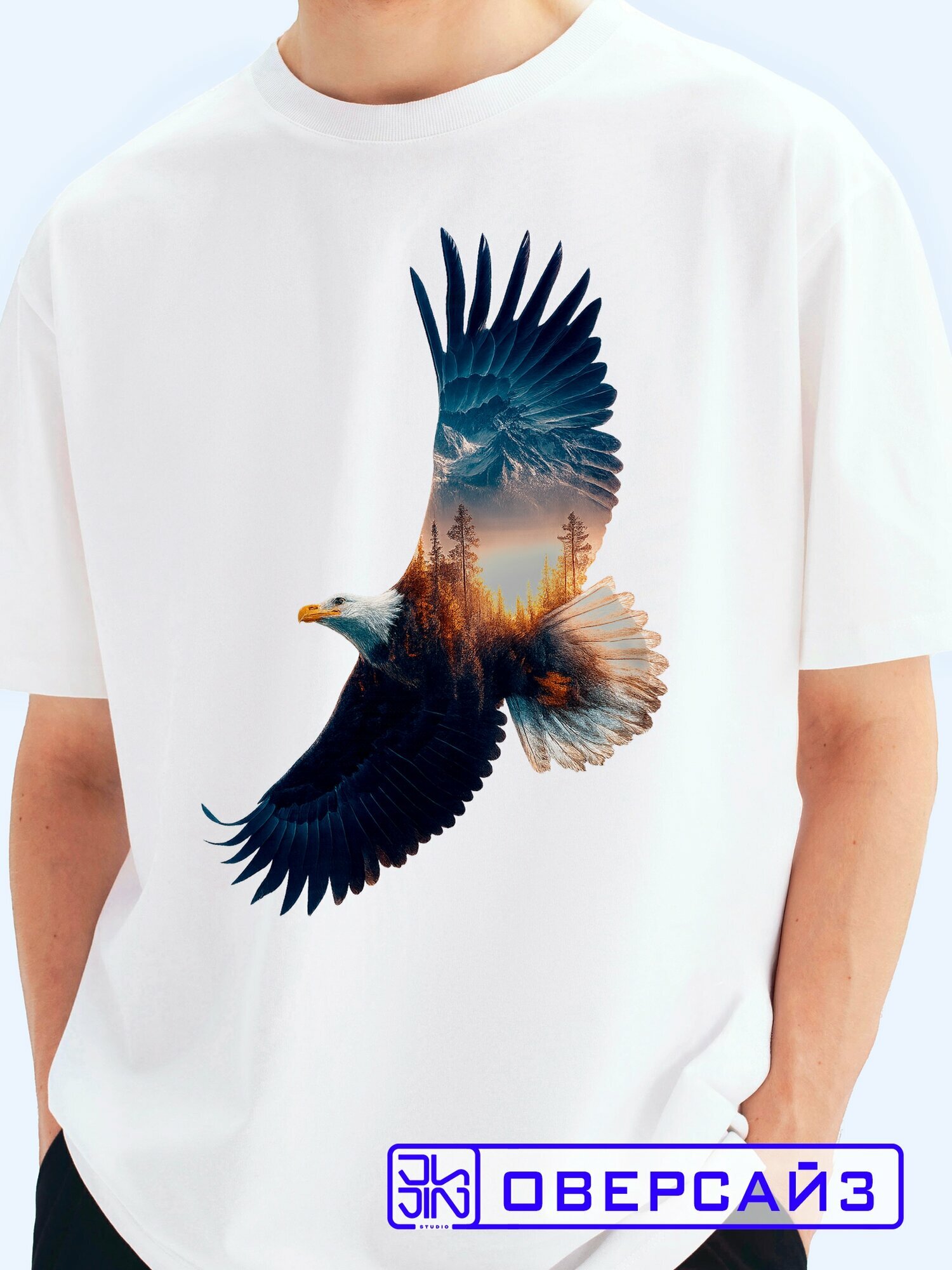 Футболка оверсайз мужская с принтом Черно-синий орел в темно-синем небе с горами и закатным сиянием, белый хлопковый трикотаж с прикольным рисунком на груди