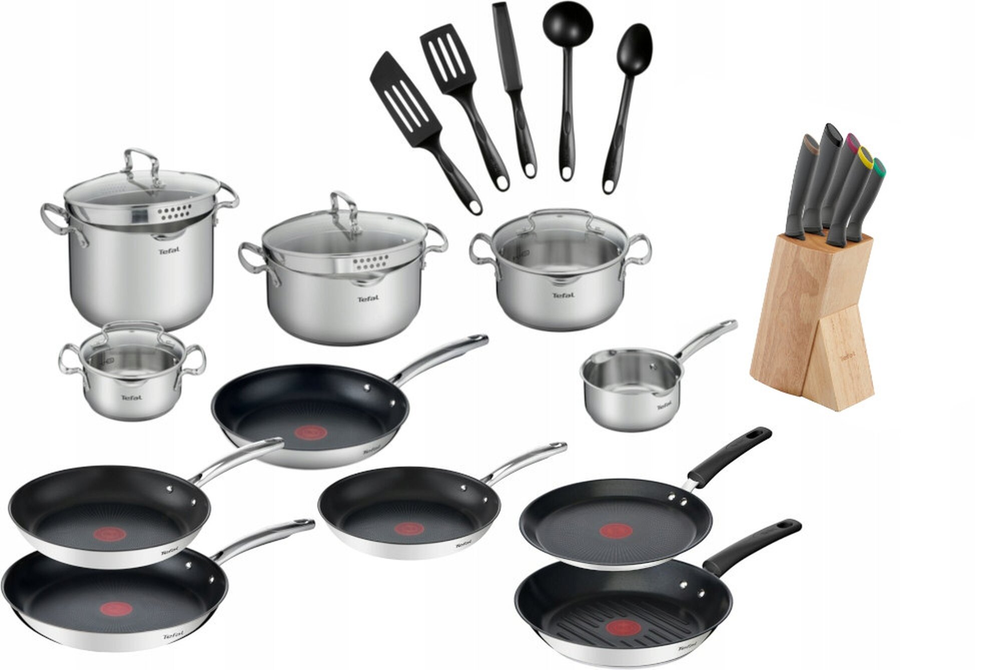 Кастрюли Tefal Duetto, сковороды, крышки, лопатки, ножи, нержавеющая сталь, 26 шт.