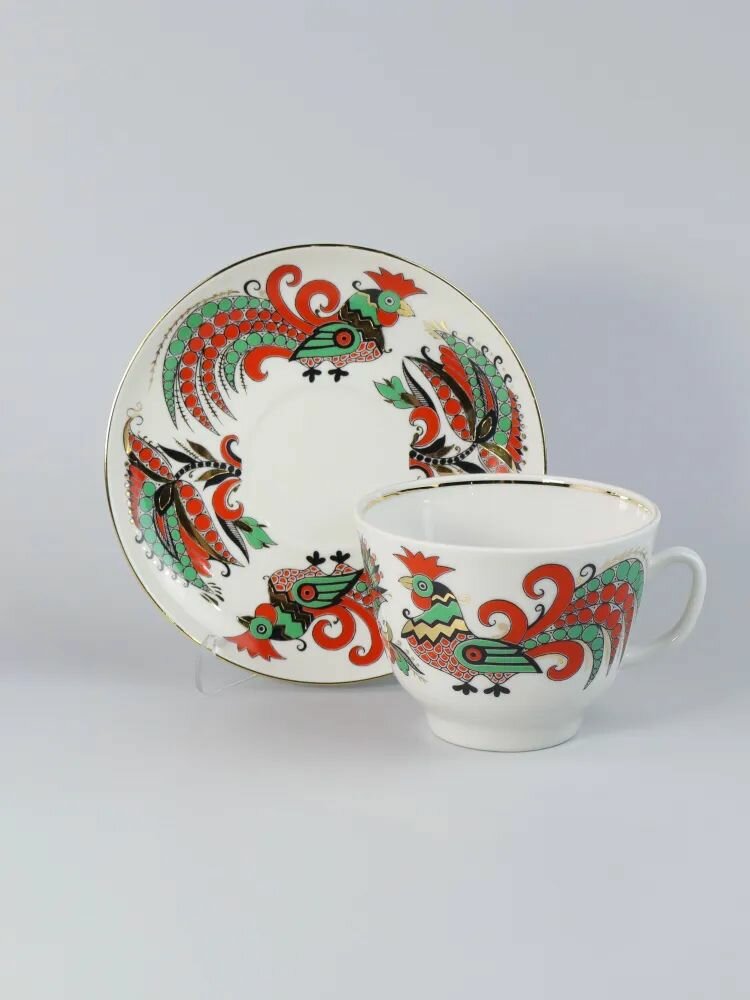 Чайная пара. Форма "Подарочная", рисунок "Два петуха". Твердый фарфор. 375 мл. Императорский фарфоровый завод ИФЗ.