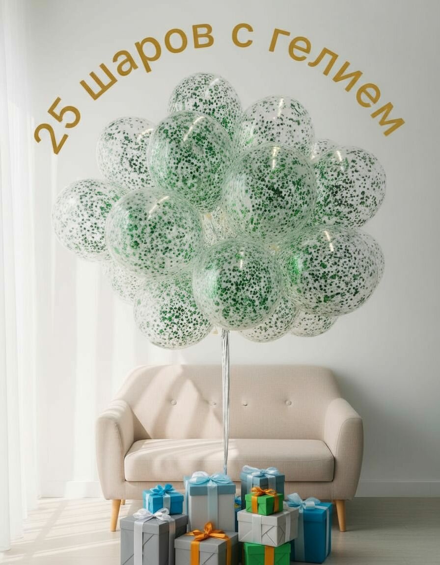 Воздушные гелиевые шары под потолок, надутые в фонтан из прозрачных латексных шаров с конфетти, 25 шт