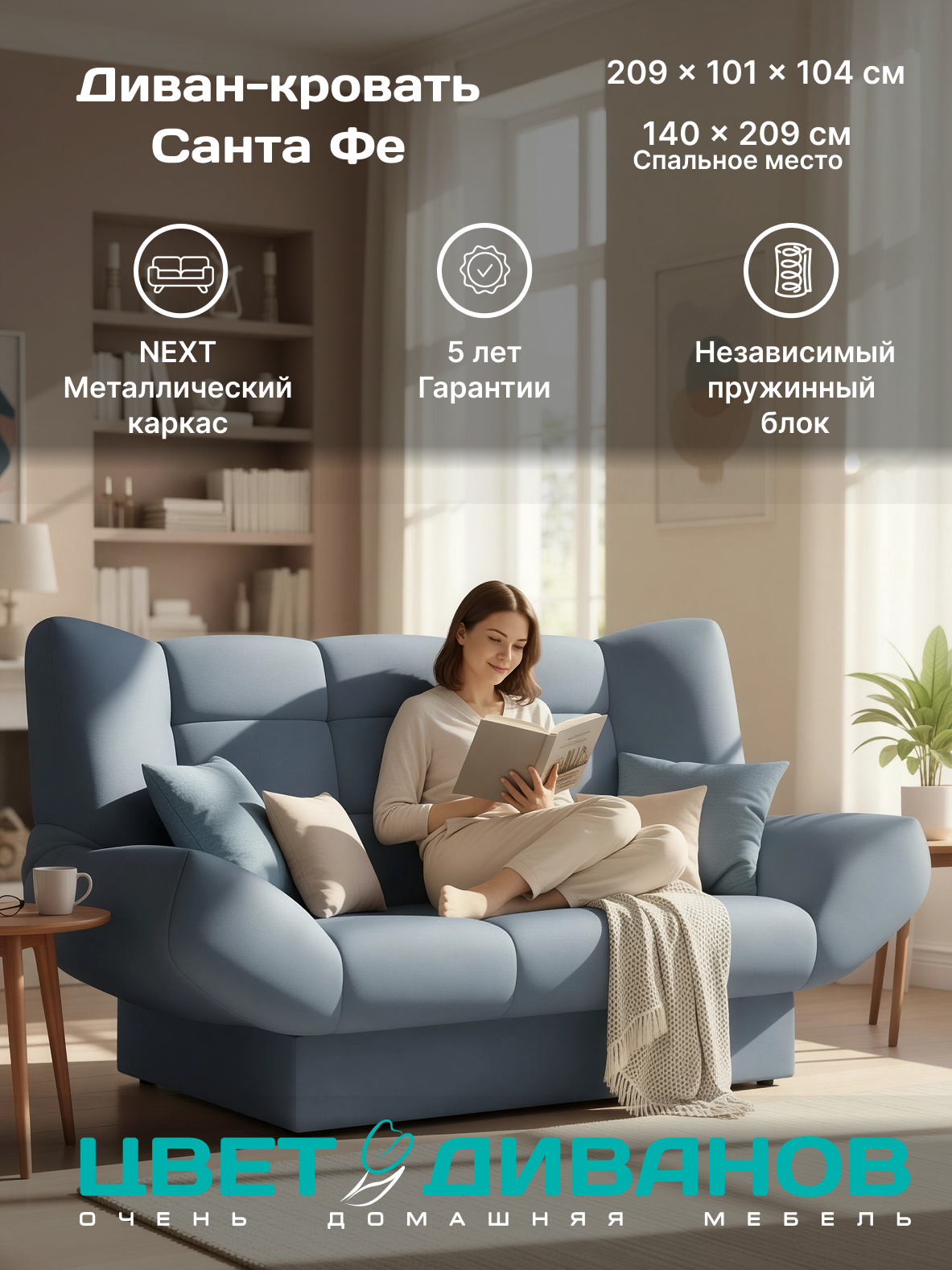 Прямой диван кровать Цвет Диванов Санта Фе 209 ортопедический, независимый пружинный блок, гарантия 5 лет