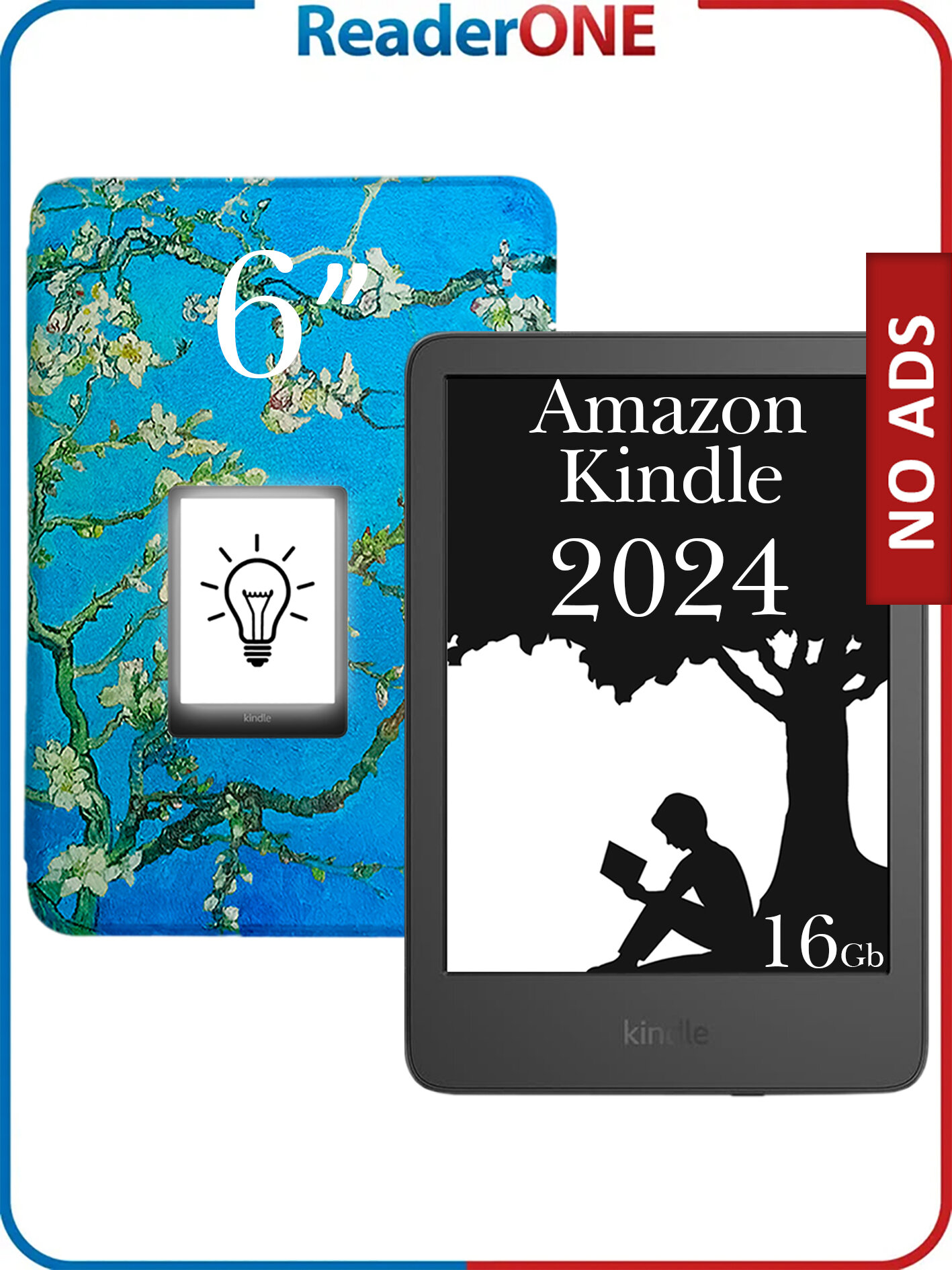 Электронная книга Amazon Kindle 11, 6 дюймов, 2024, 16 Гб, без рекламы, черная, с обложкой ReaderONE Sakura