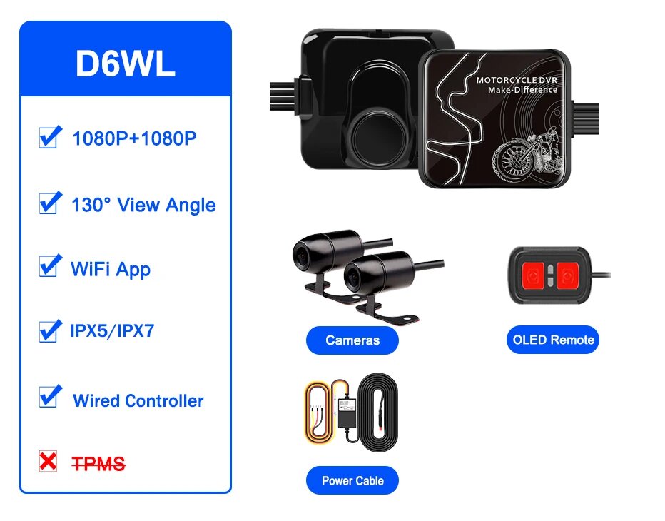 VSYS D6RL D6WL S6L 2-канальный мотоциклетный видеорегистратор с TPMS и передними/задними Нет, D6WL