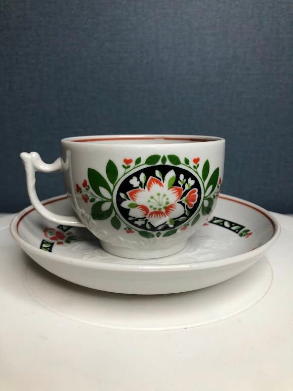 Чайная пара винтажная, з-д Вербилки "татарские", 200мл, рельефный фарфор, ручная роспись