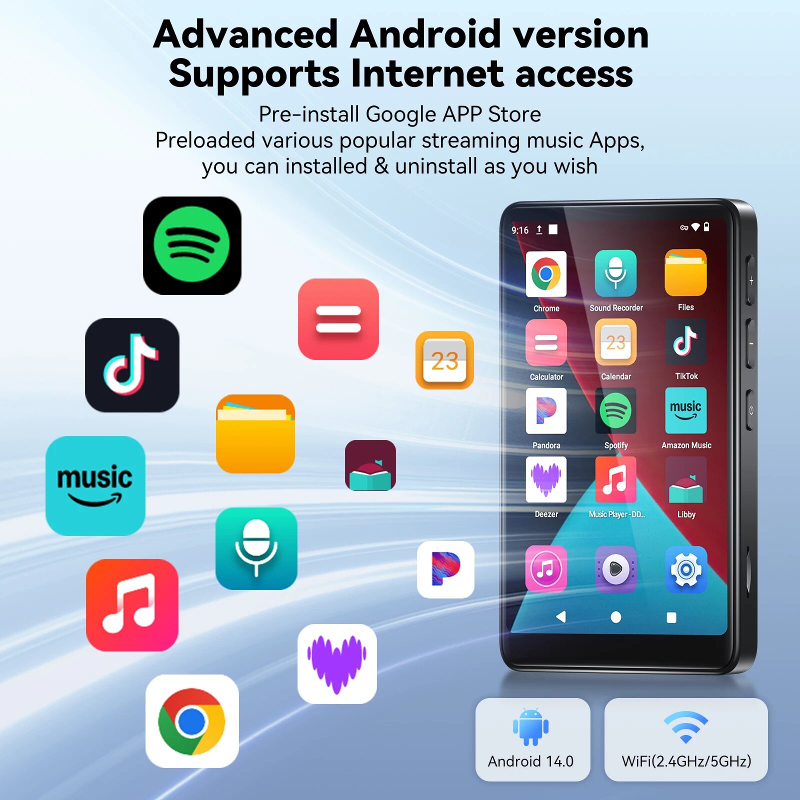 RUIZU новый Android 14.0 64 ГБMP3-плеер с Bluetooth и Wi-Fi, 4 ГБ ОЗУ + 64 ГБ ПЗУ, 4-дюймовый сенсорный экран HD, поддержка приложения для установки