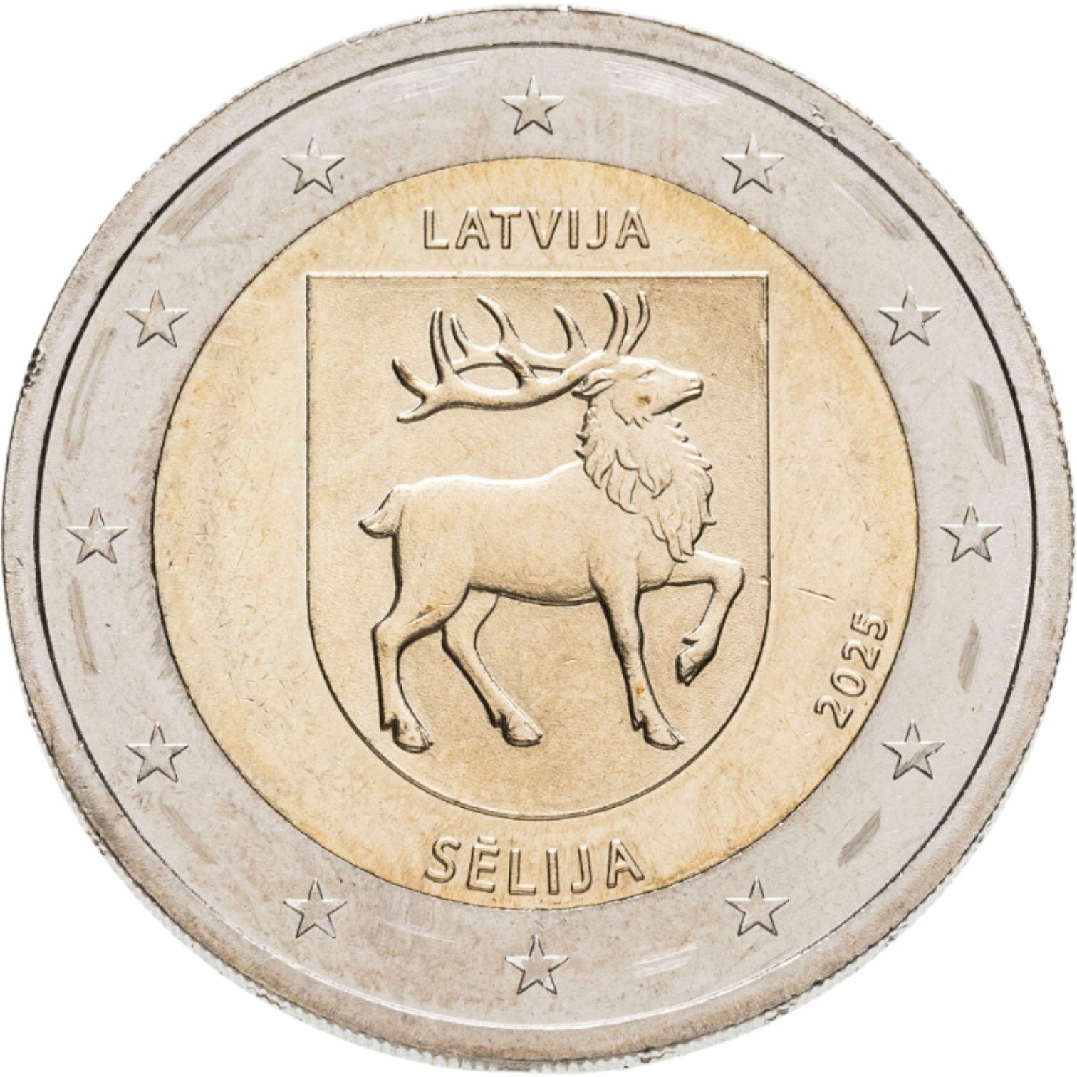 Латвия 2 евро 2025 "Исторические области Латвии - Селия", Биметалл, в сохранности UNC