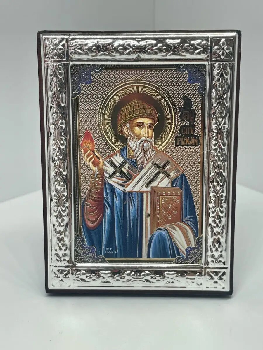 Икона "Спиридон Тримифунтский", 9 см x 6,5 см, в серебряном окладе
