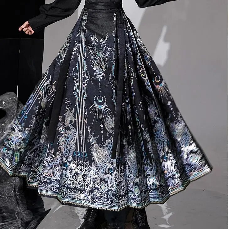 Китайский ханьфу для пары, золотая юбка с вышивкой лошади, полиэстер L, Black skirt