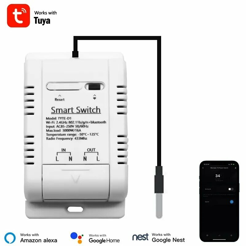Tuya Умный WiFi+RF433 AC 85-250V 16A реле датчиком температуры