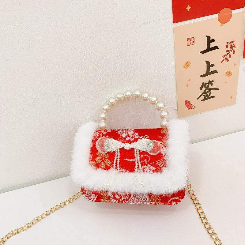 Детская сумка осень-зима Новый год красная праздничная сумочка в стиле маленького Шанель с шерстяными жемчужными аксессуарами сумка для девочки