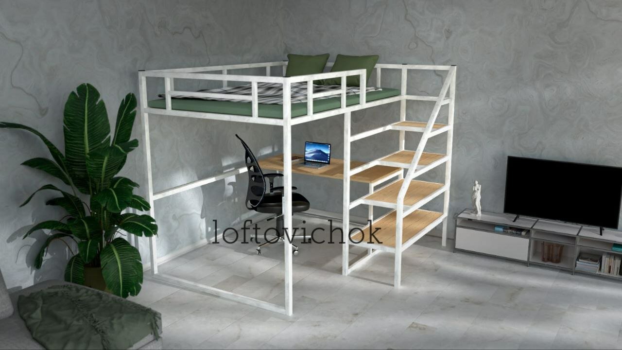 Кровать - чердак c столом "Verona" 160*200*200 металлическая , белая , лофт