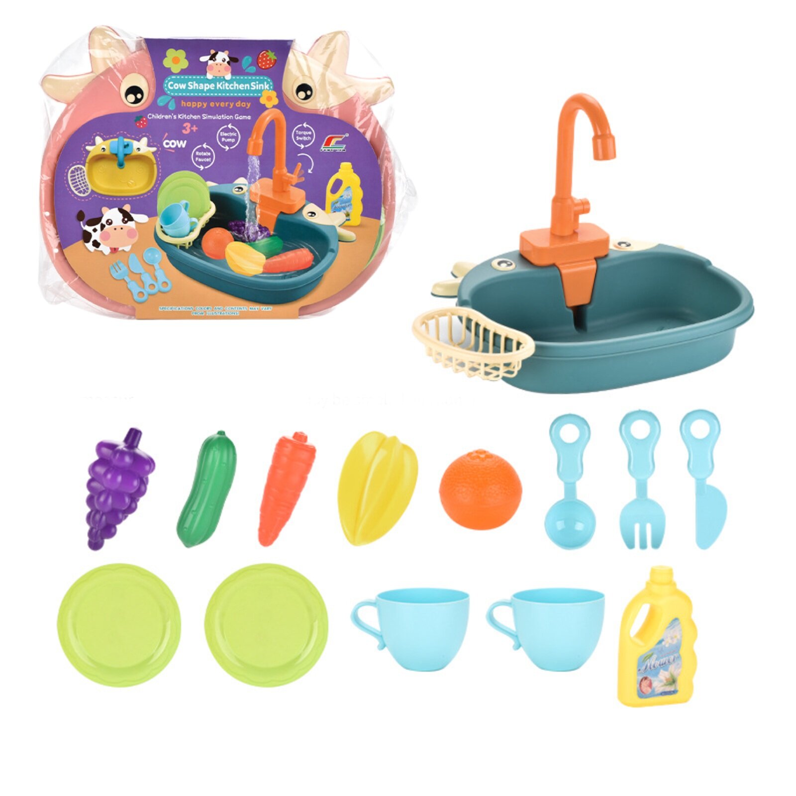 Электрическая циркуляционная водяная раковина для мойки стола, интерактивная игрушка для игры в домик, 16-ти комплектовый набор, цвет как показано, материал ABS, размер около 32 x 28 x 27 см / 12.60 x 11.02 x 10.63 дюйма